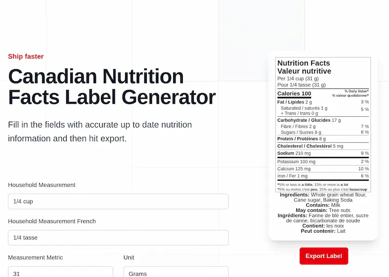 Free Canadian Nutrition Label Generator